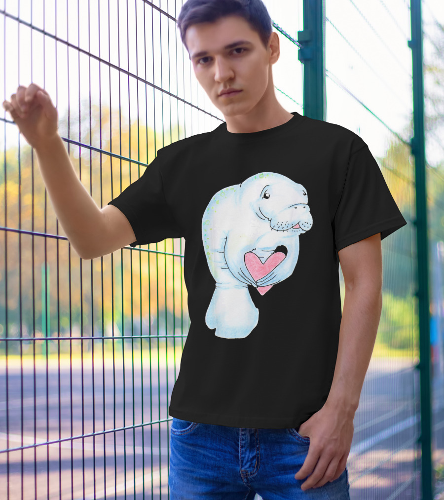 Manatee Holding Heart Valentines Day T-Shirt
