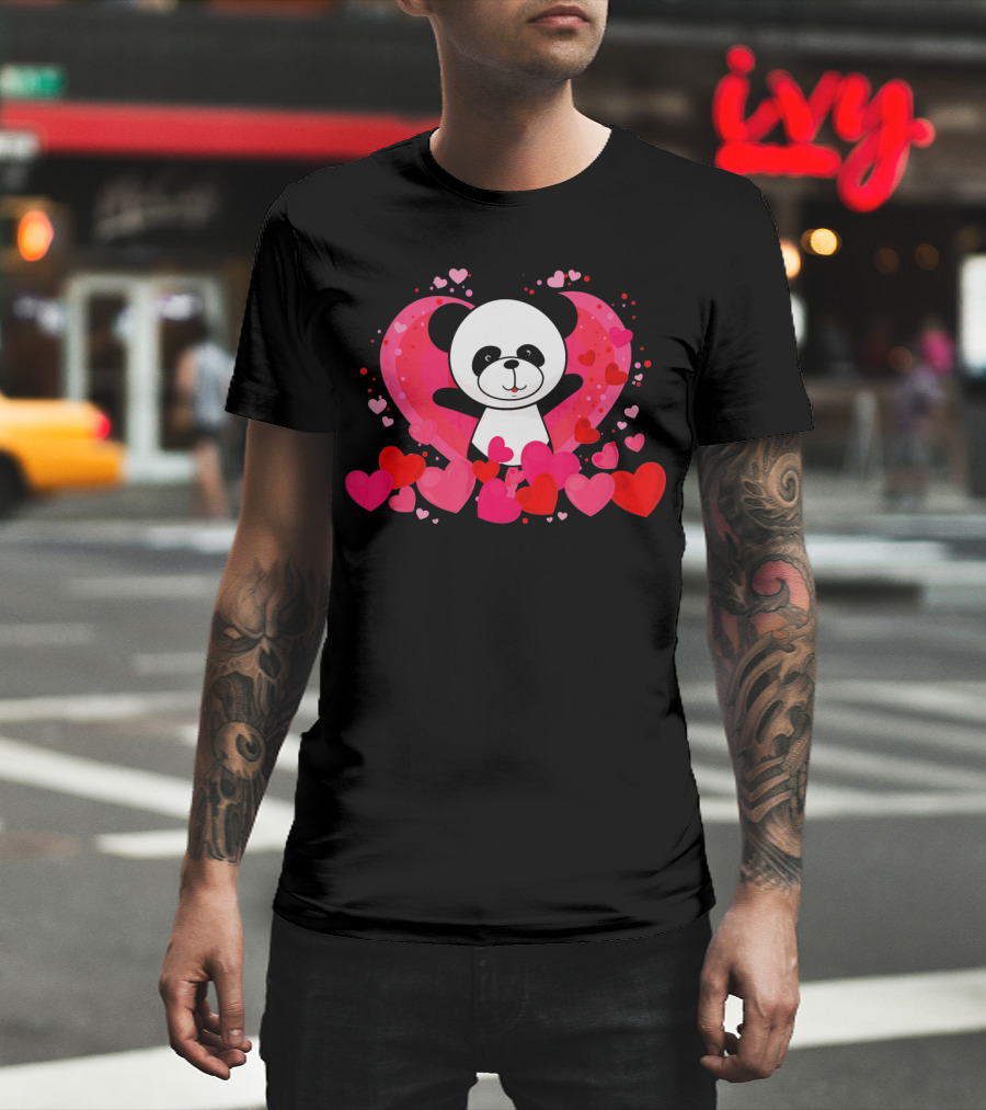 Cute Panda Surrounded By Pink And Red Hearts With Large Heart Background T-Shirt