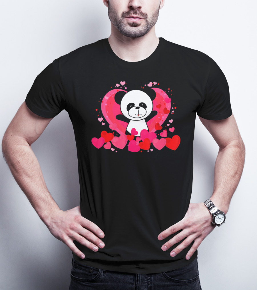 Cute Panda Surrounded By Pink And Red Hearts With Large Heart Background T-Shirt