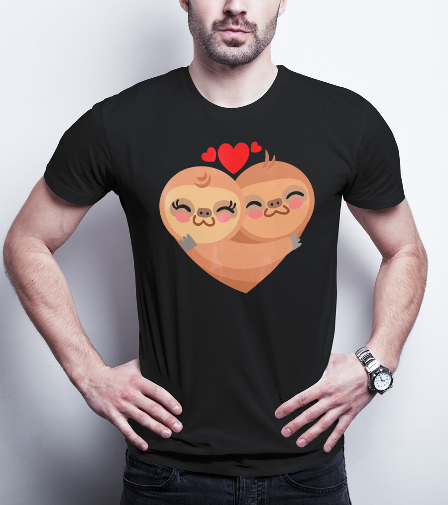 Cute Sloth Love Heart Valentines Pair With Red Hearts T-Shirt