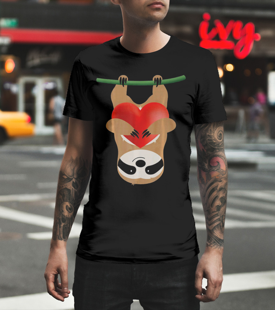 Cute Upside Down Sloth Hugging Red Heart Valentines Love T-Shirt