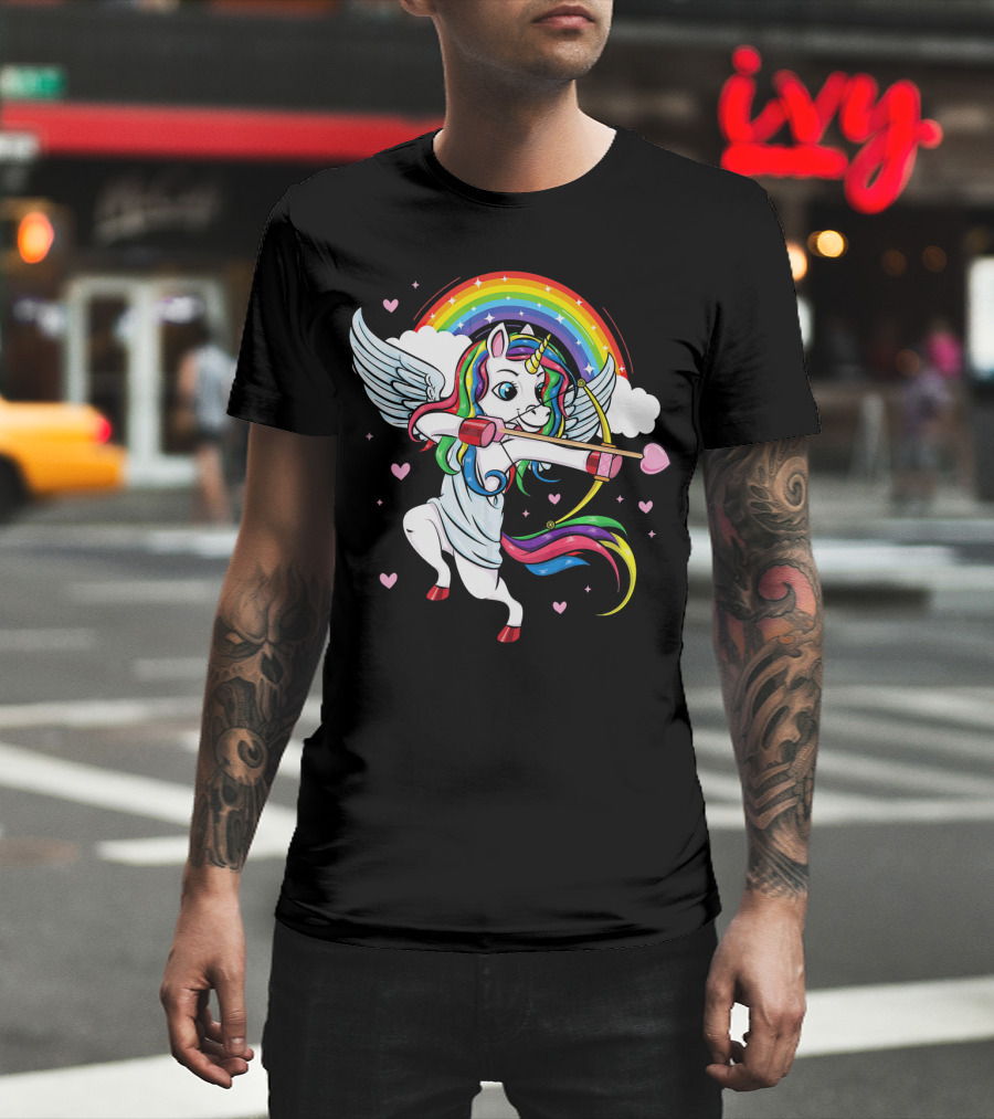 Cute Unicorn Cupid Rainbow Valentines Day Heart Girls T-Shirt