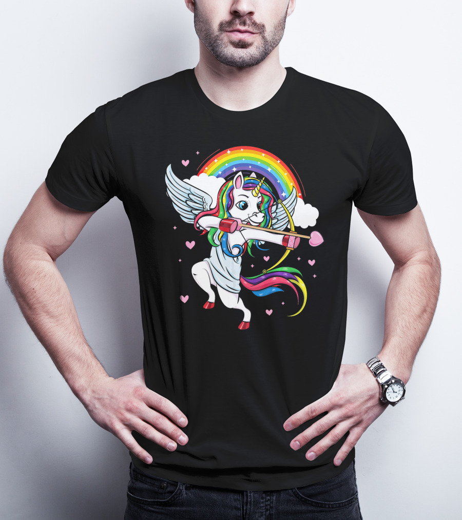 Cute Unicorn Cupid Rainbow Valentines Day Heart Girls T-Shirt
