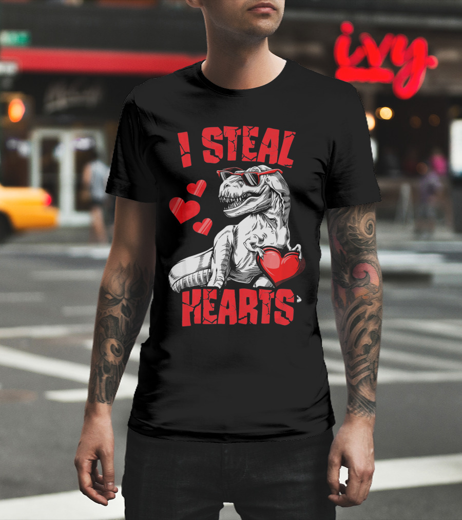 I Steal Hearts Boys Valentines Day Kids Dinosaur T-Shirt