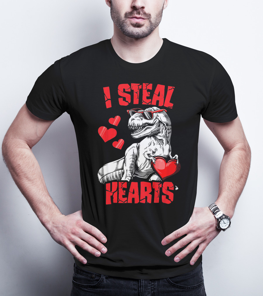 I Steal Hearts Boys Valentines Day Kids Dinosaur T-Shirt