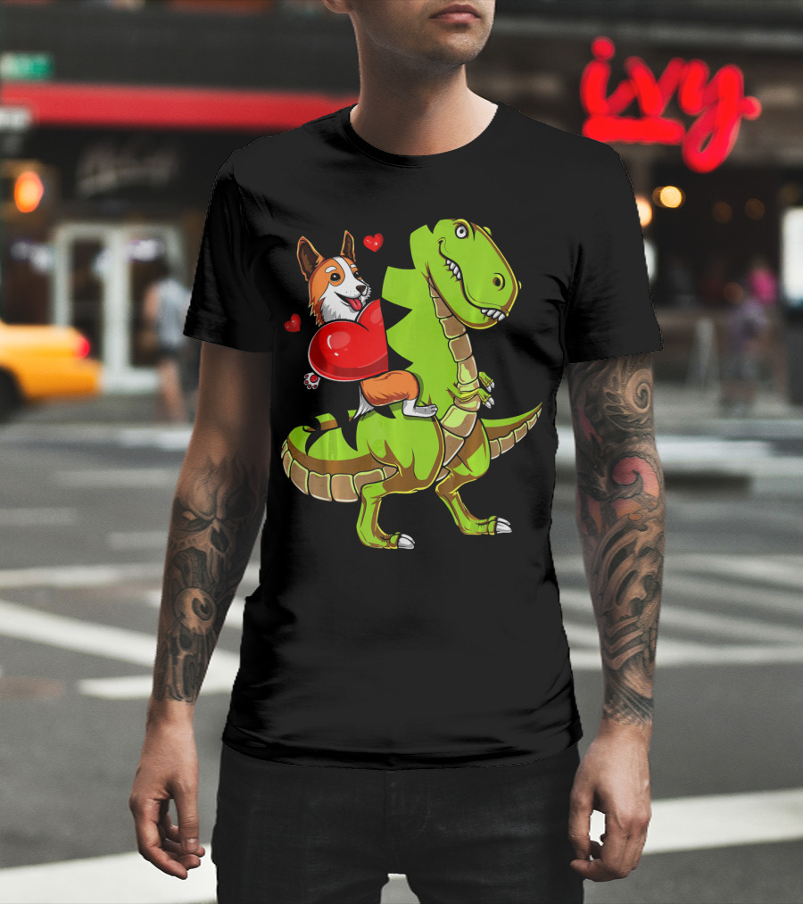 Corgi Dog Riding T-Rex Dinosaur With Hearts Valentin T-Shirt
