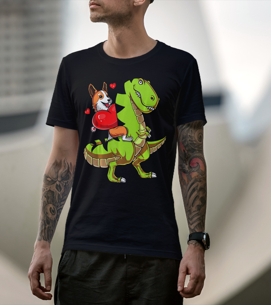 Corgi Dog Riding T-Rex Dinosaur With Hearts Valentin T-Shirt
