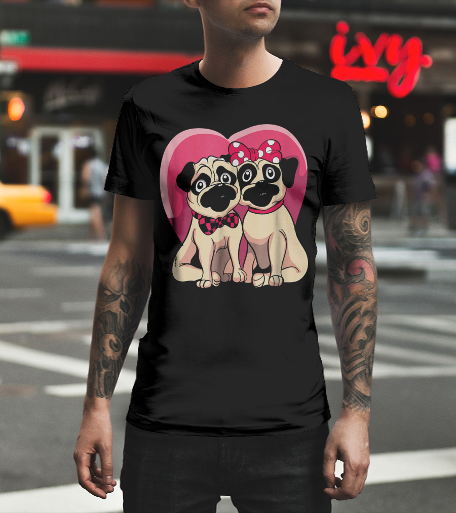 Cute Pug Valentine Puppy Love Co Heart Bow Tie Bow T-Shirt