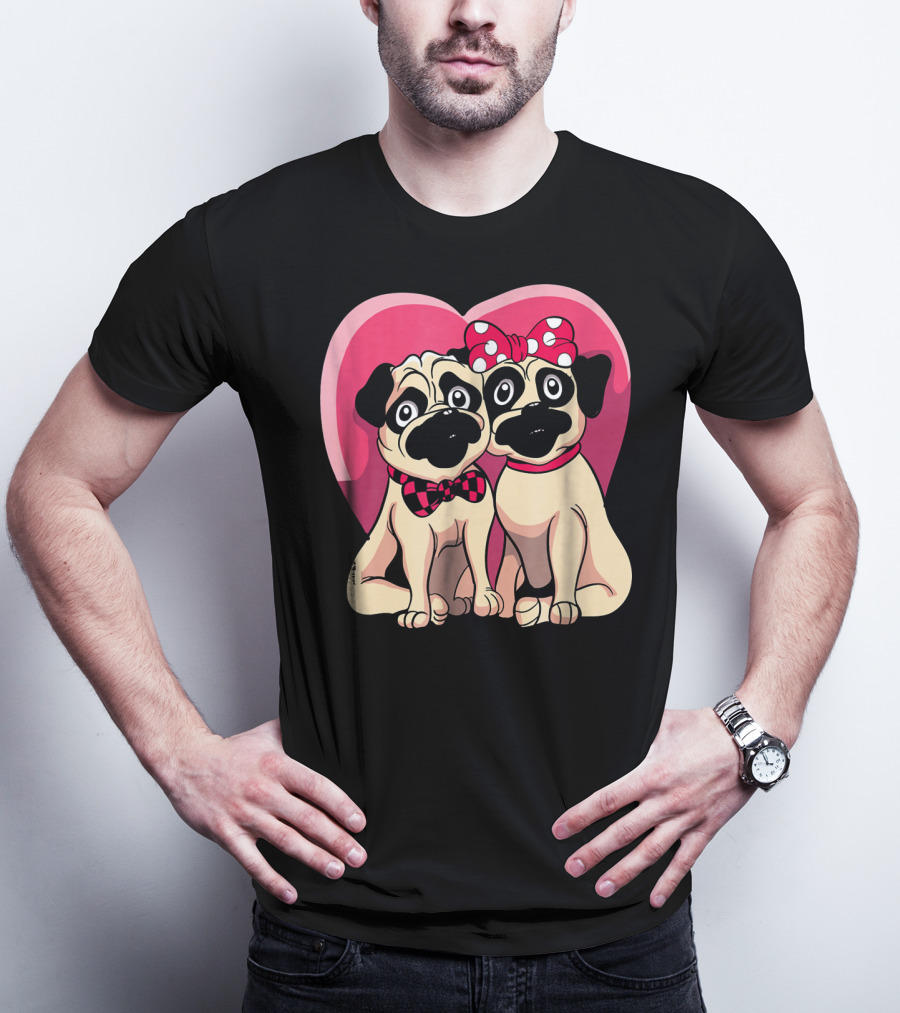 Cute Pug Valentine Puppy Love Co Heart Bow Tie Bow T-Shirt