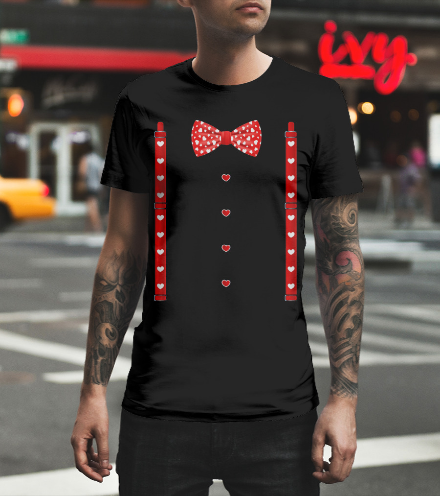 Red Hearts Bow Tie And Suspenders Valentine T-Shirt