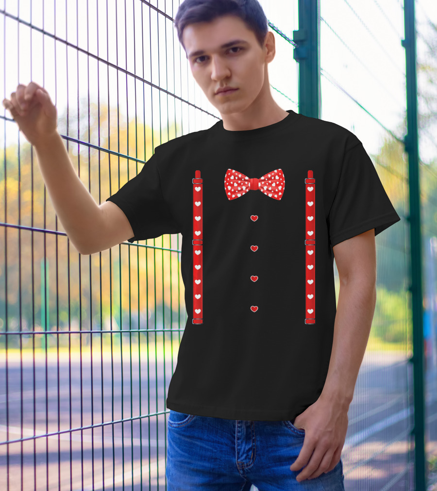 Red Hearts Bow Tie And Suspenders Valentine T-Shirt