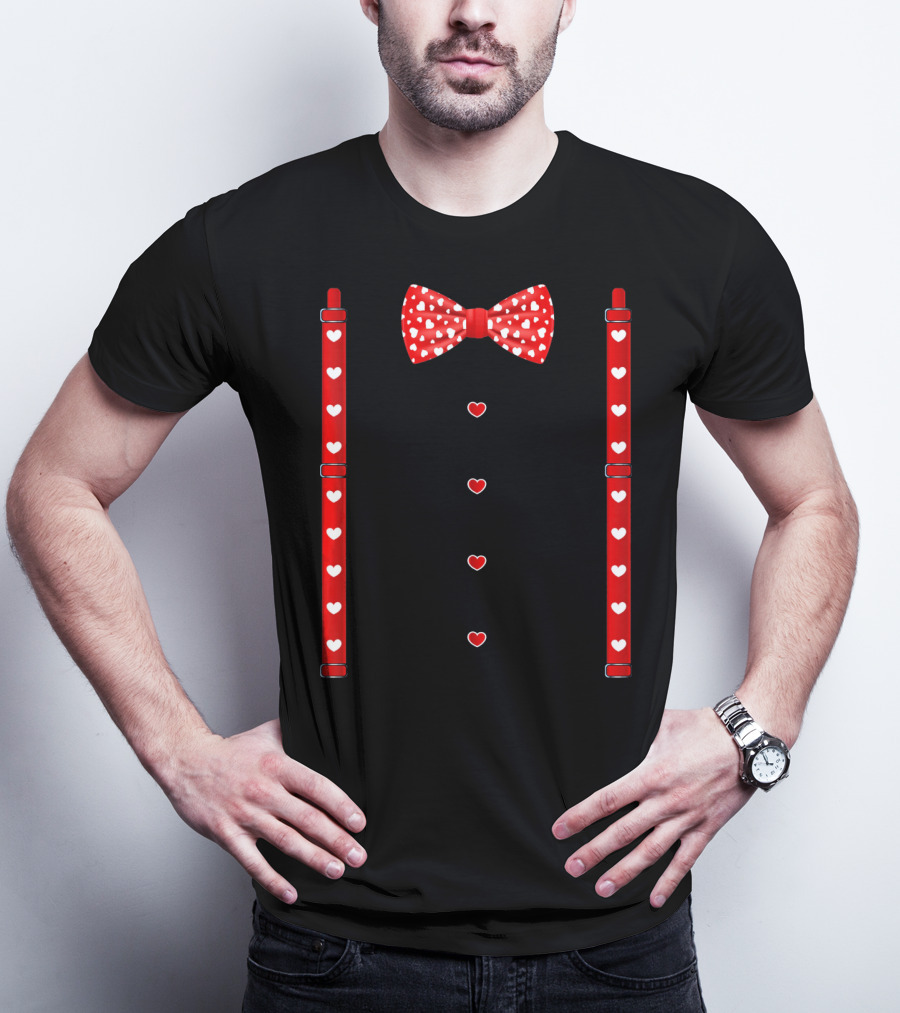 Red Hearts Bow Tie And Suspenders Valentine T-Shirt