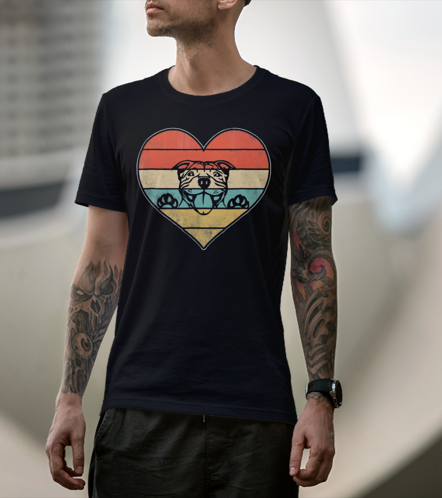 Retro Vintage Pit Bull Heart Valentine Stripes T-Shirt