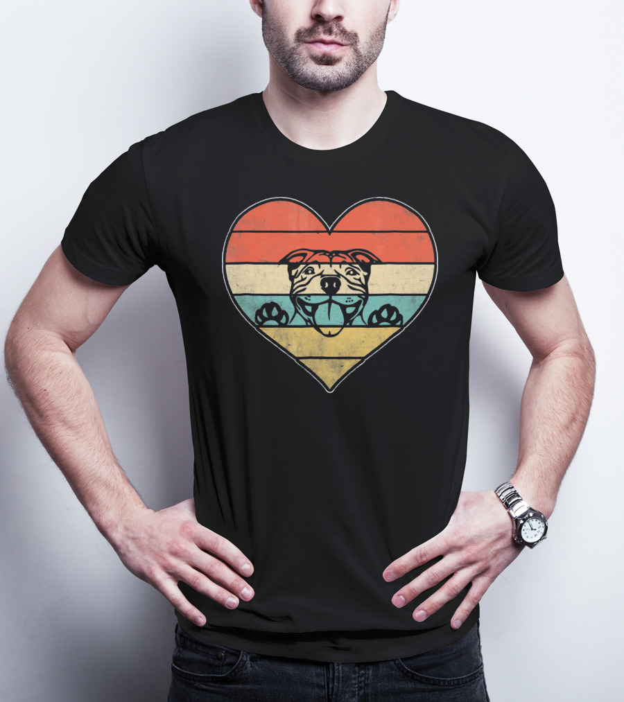 Retro Vintage Pit Bull Heart Valentine Stripes T-Shirt