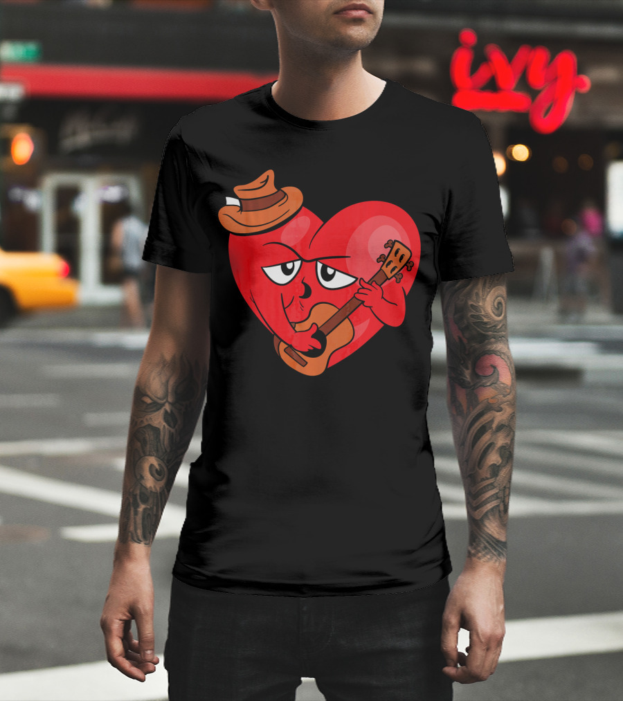 Heart Playing Guitar With Cowboy Hat Valentine's Day T-Shirt