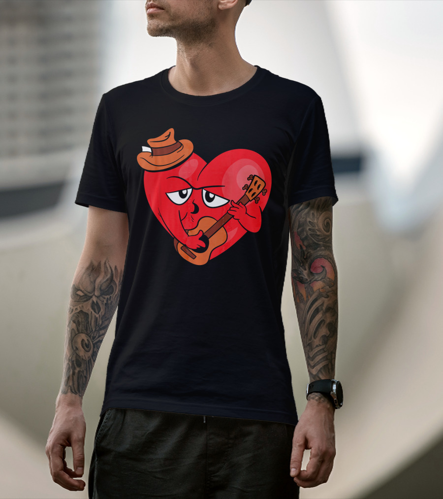 Heart Playing Guitar With Cowboy Hat Valentine's Day T-Shirt
