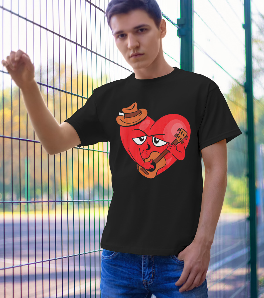 Heart Playing Guitar With Cowboy Hat Valentine's Day T-Shirt