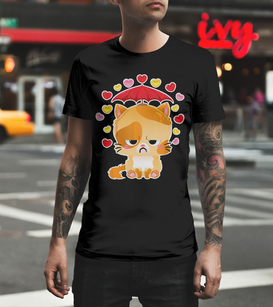 Sad Cat Under Umbrella With Raining Hearts Valentine's Day T-Shirt