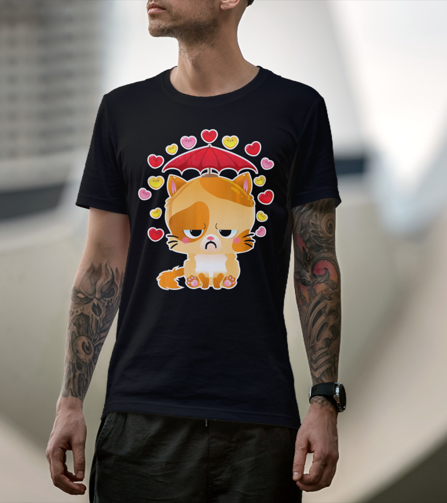 Sad Cat Under Umbrella With Raining Hearts Valentine's Day T-Shirt