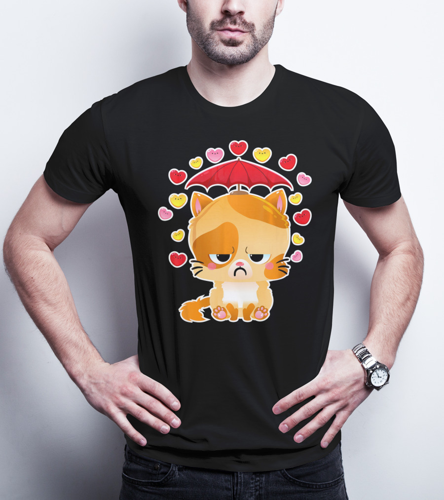 Sad Cat Under Umbrella With Raining Hearts Valentine's Day T-Shirt
