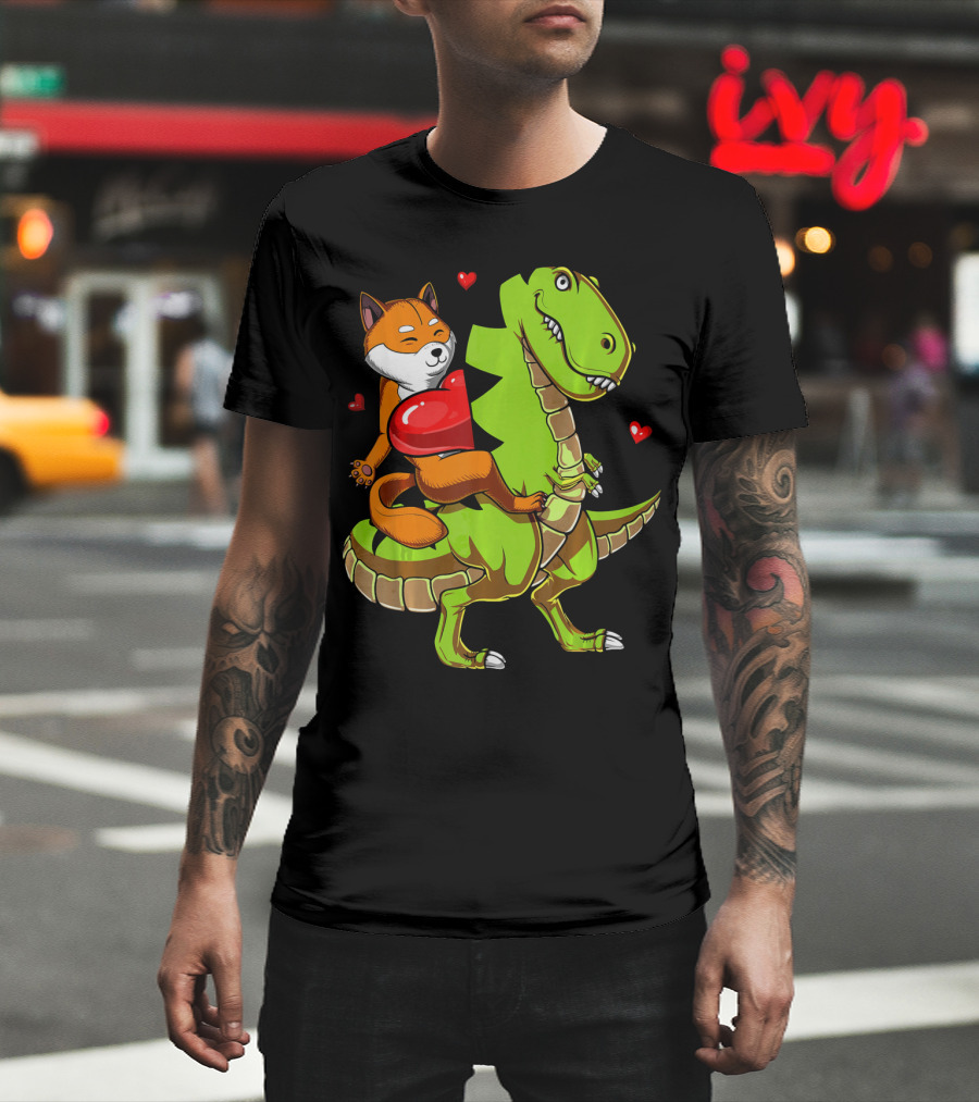 Shiba Inu Riding Green T-Rex Dinosaur With Red Hearts T-Shirt
