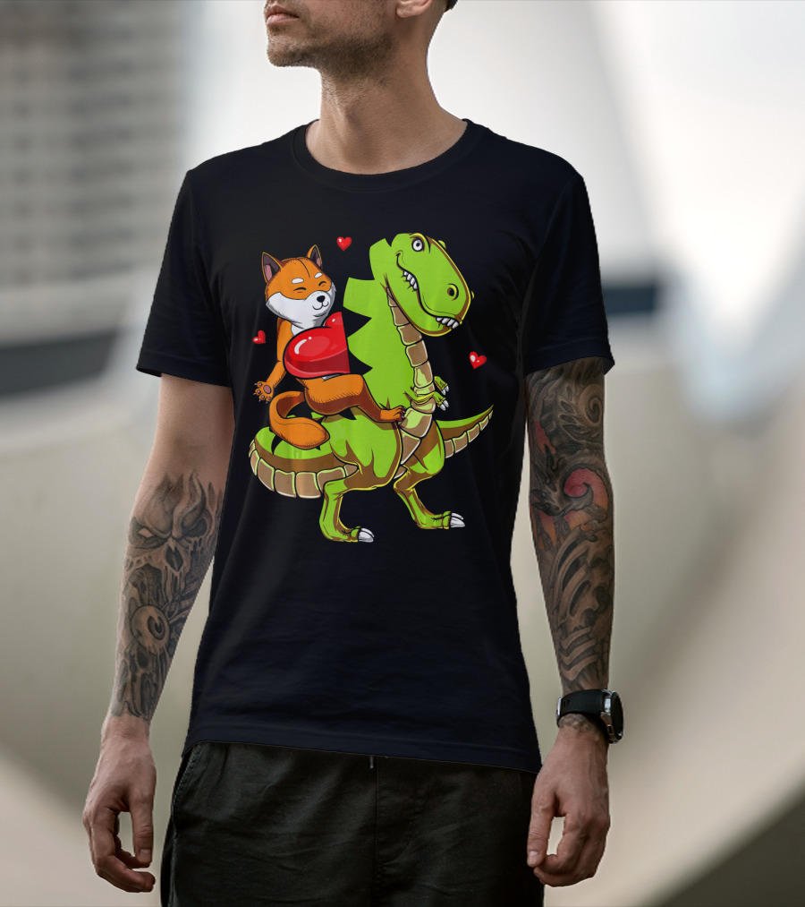Shiba Inu Riding Green T-Rex Dinosaur With Red Hearts T-Shirt
