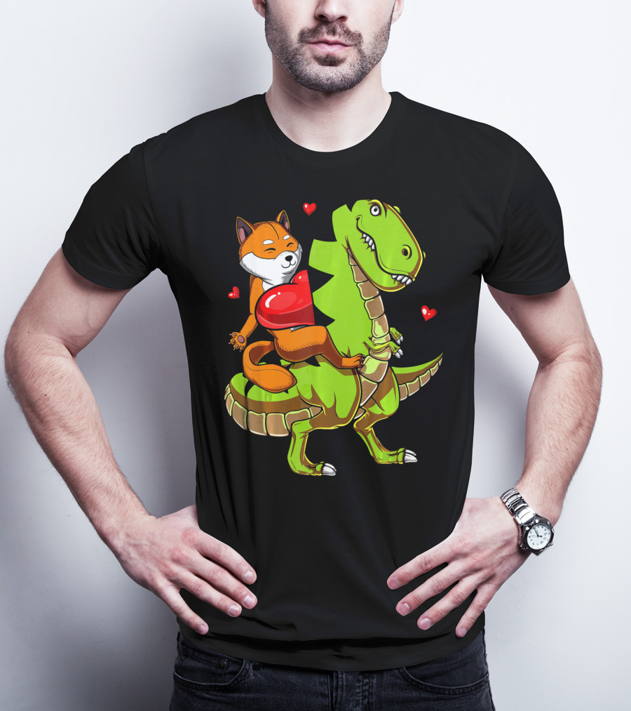 Shiba Inu Riding Green T-Rex Dinosaur With Red Hearts T-Shirt