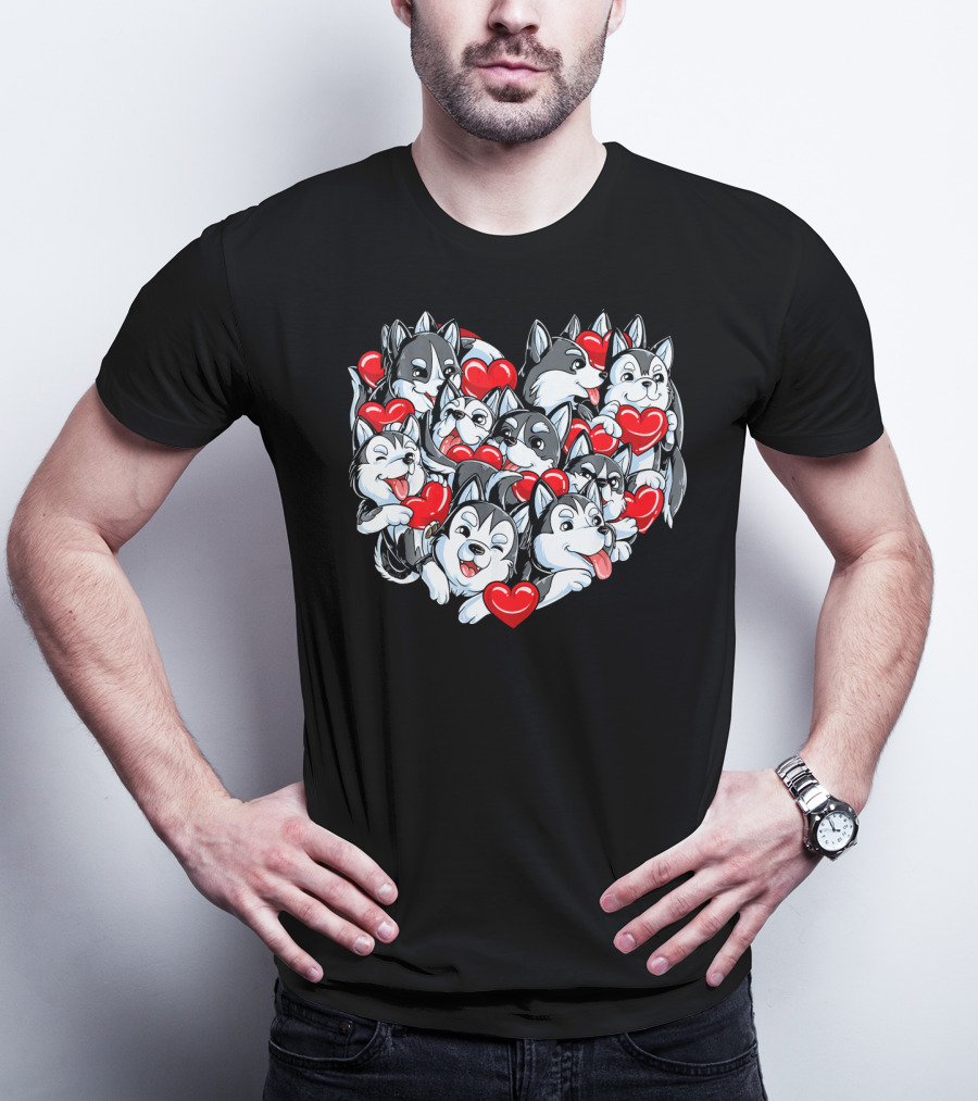 Siberian Husky Heart With Red Valentine Hearts T-Shirt