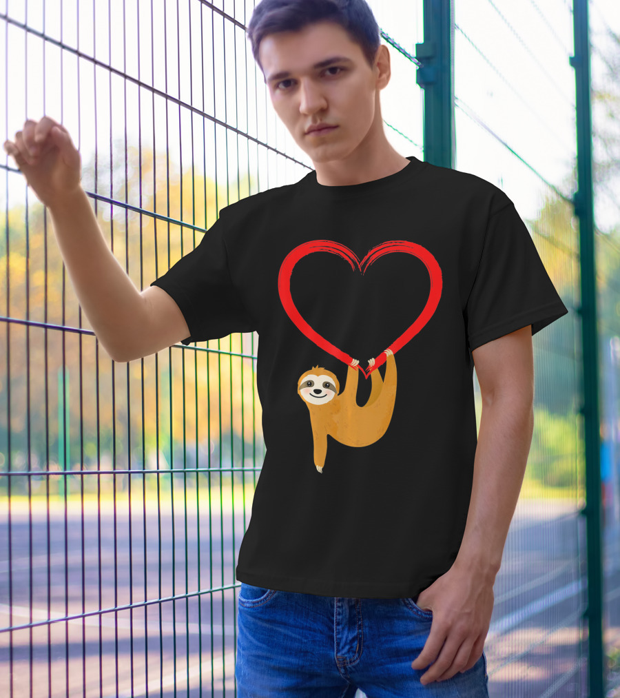 Valentines Day Sloth Hanging On Heart T-Shirt