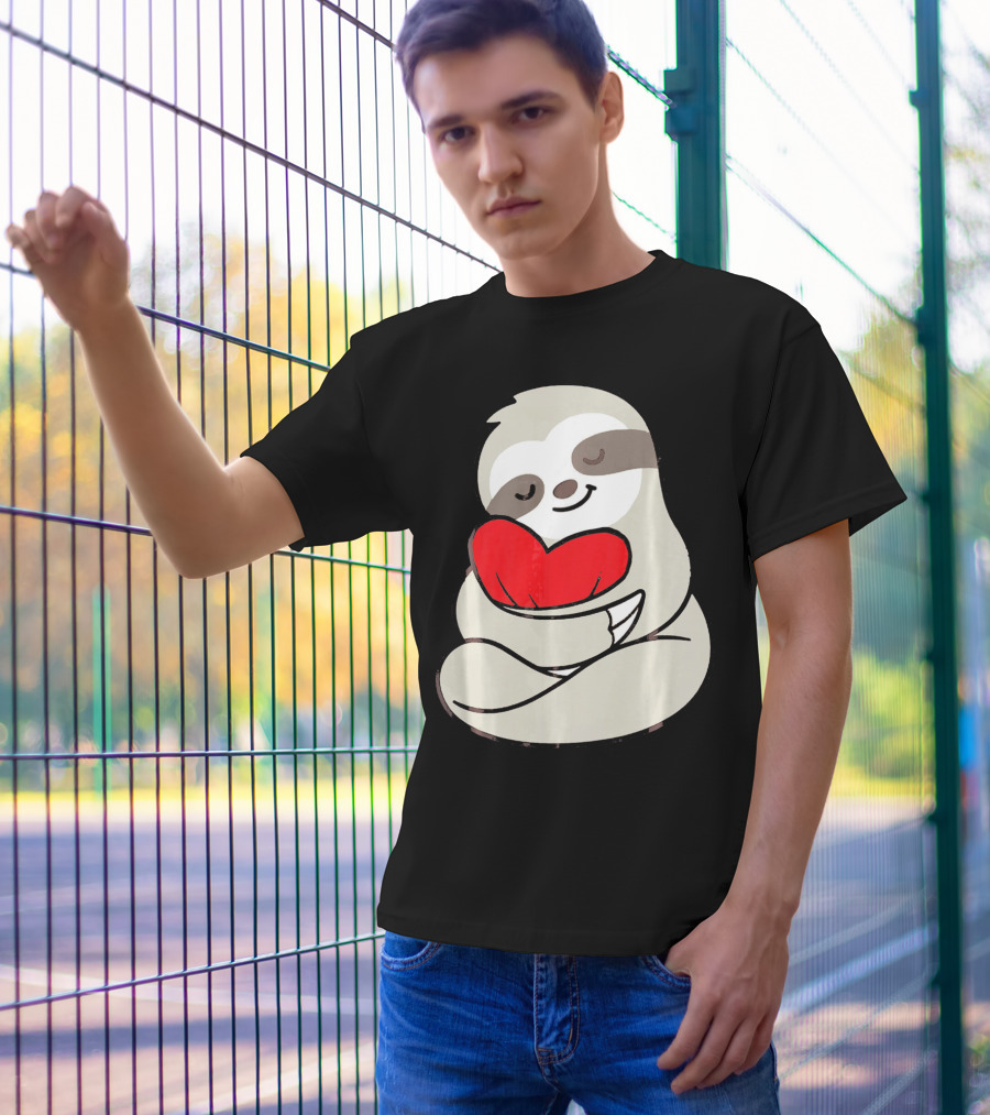 Sloth Hugging Heart Love Valentines T-Shirt