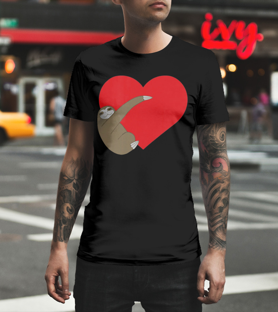 Sloth Hugging Heart Cute Pocket Va T-Shirt