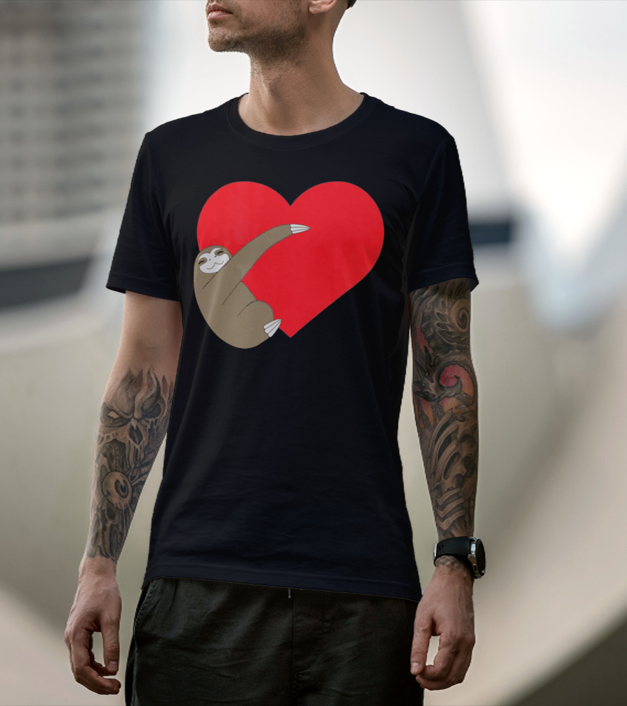 Sloth Hugging Heart Cute Pocket Va T-Shirt