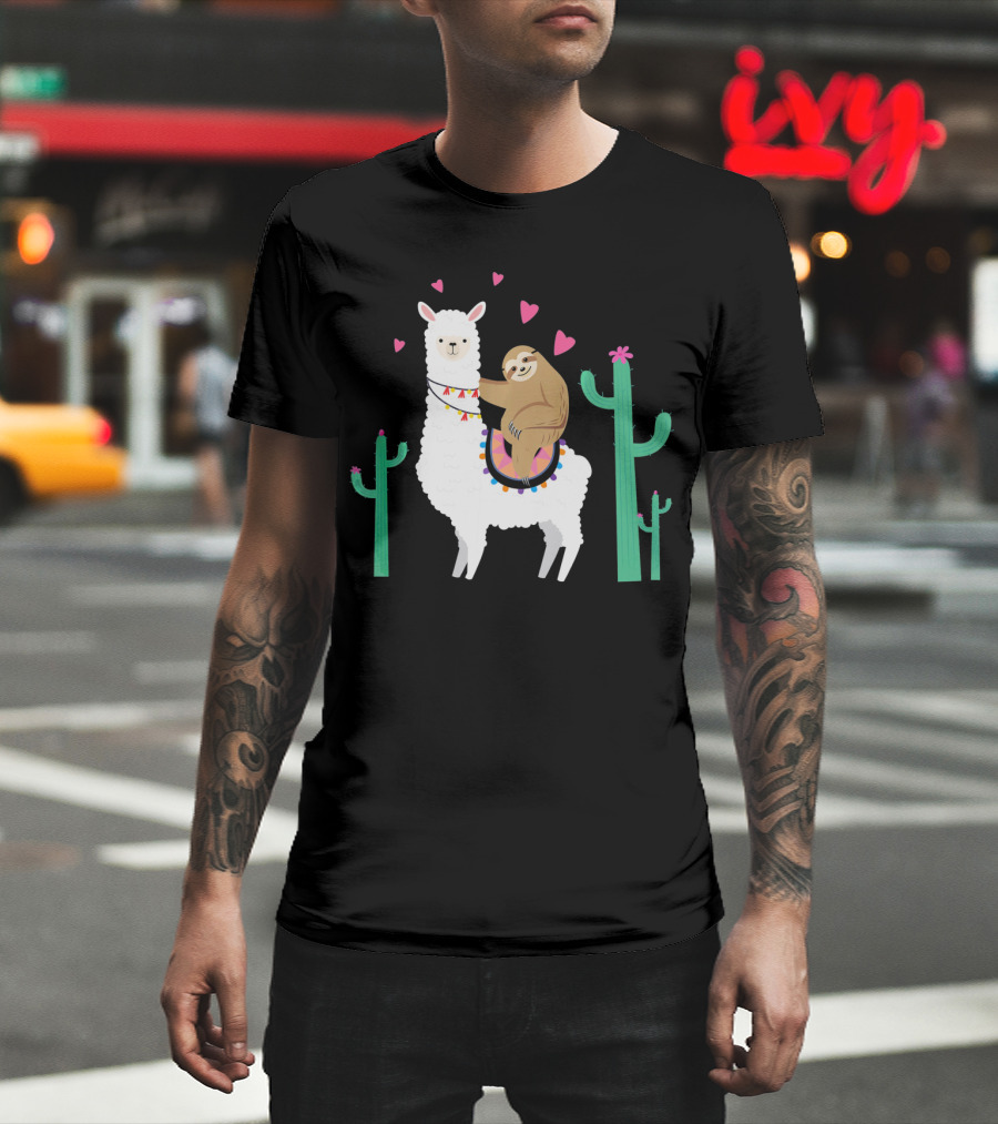 Sloth Riding Llama With Hearts And Cacti T-Shirt
