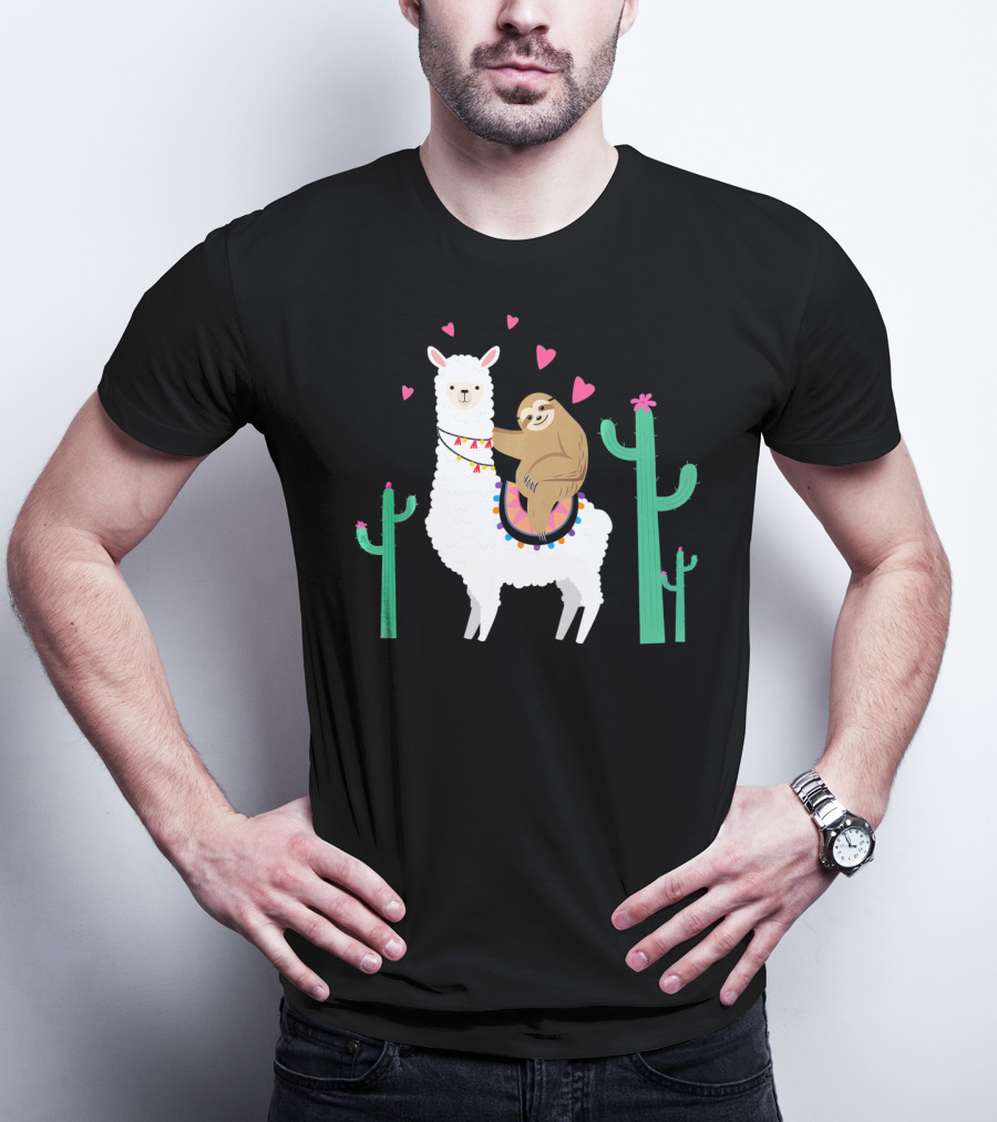 Sloth Riding Llama With Hearts And Cacti T-Shirt