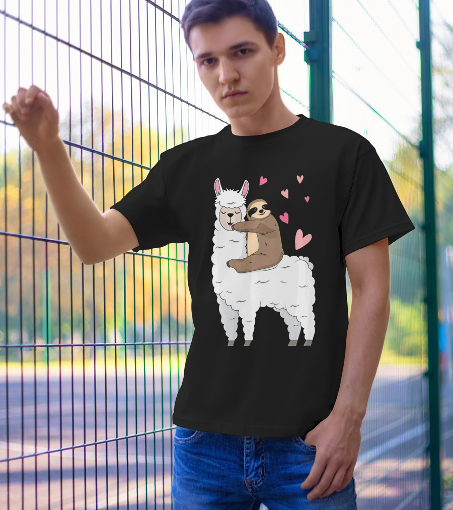 Sloth Riding Llama Cute Hearts Valentines Day T-Shirt