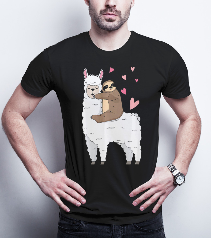 Sloth Riding Llama Cute Hearts Valentines Day T-Shirt