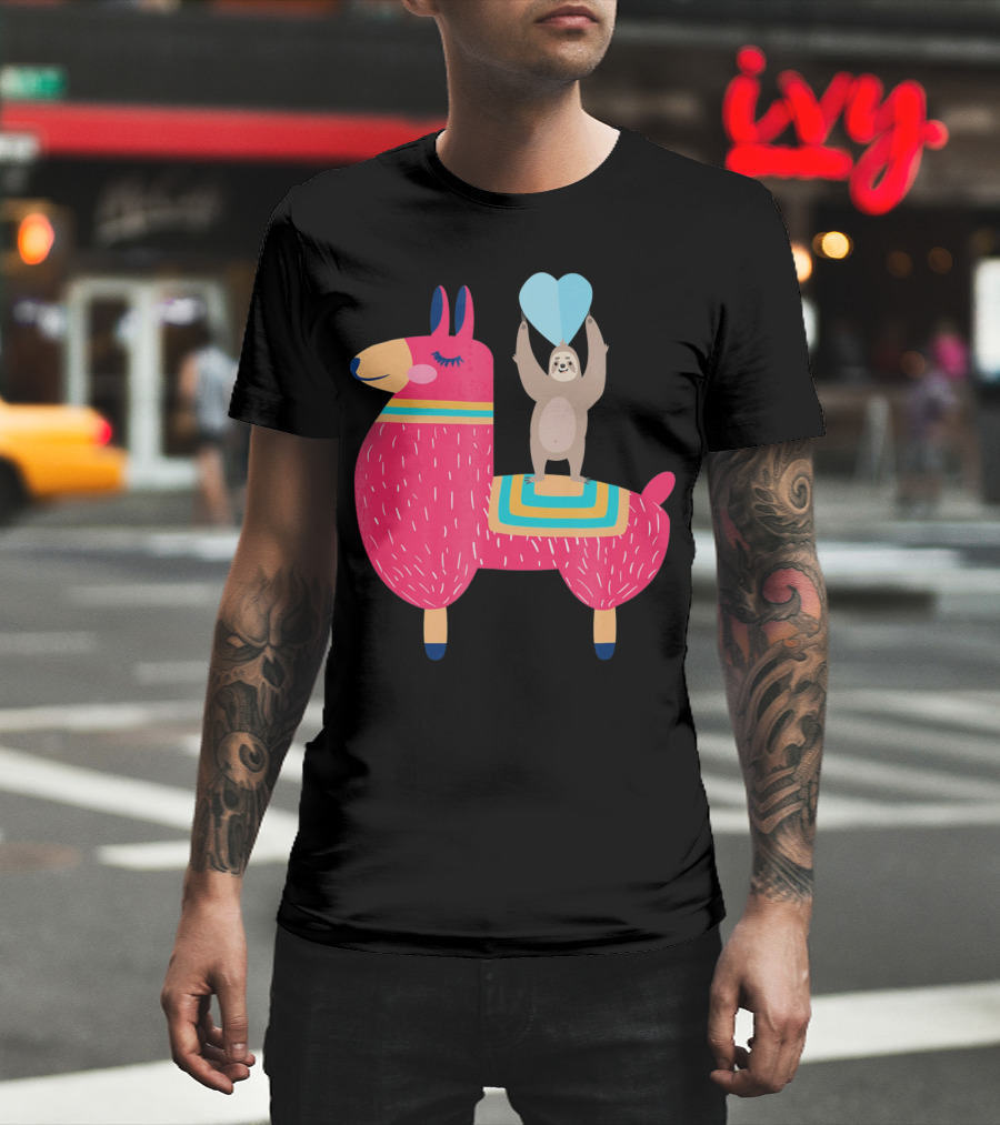 Sloth Riding Llama With Heart Balloon T-Shirt