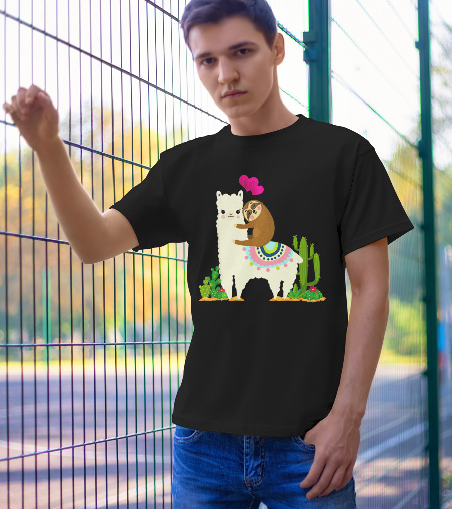 Sloth Riding Llama With Pink Hearts And Cactus Funny Valentin T-Shirt