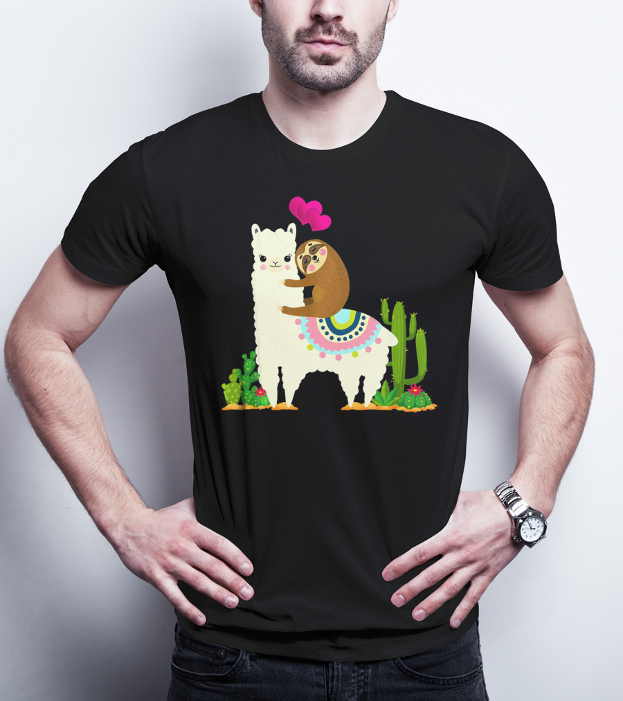 Sloth Riding Llama With Pink Hearts And Cactus Funny Valentin T-Shirt
