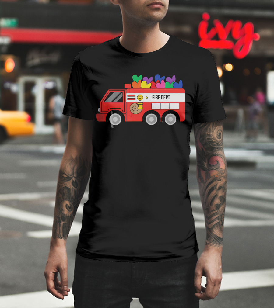 Fire Dept Valentine Hearts Sloth Fire Truck T-Shirt