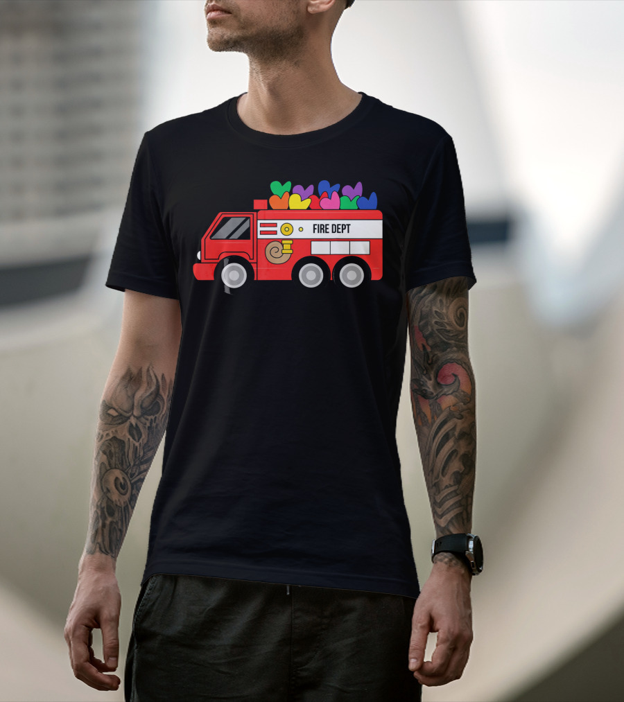 Fire Dept Valentine Hearts Sloth Fire Truck T-Shirt