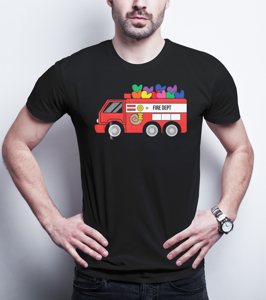 Fire Dept Valentine Hearts Sloth Fire Truck T-Shirt