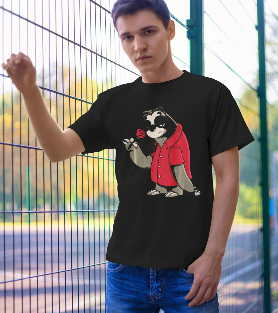 Romantic Sloth Valentine With Red Rose T-Shirt