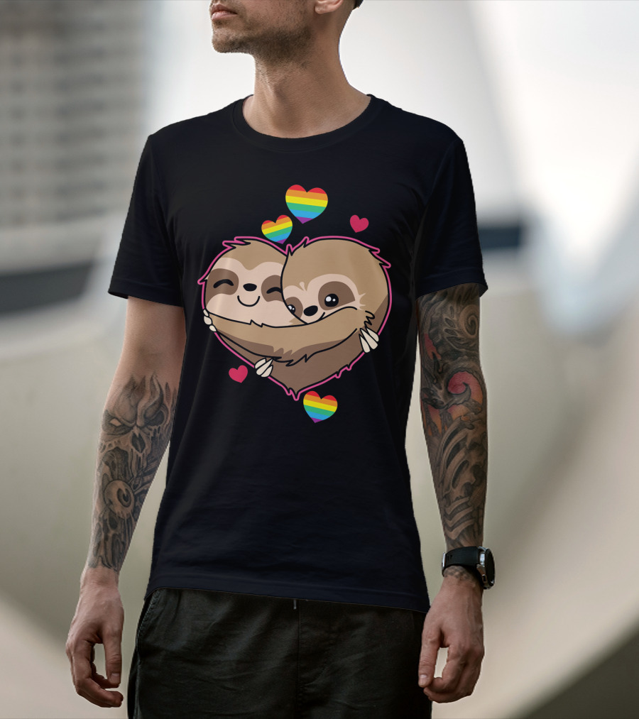 Valentines Day Sloth Heart With Rainbow Hearts T-Shirt