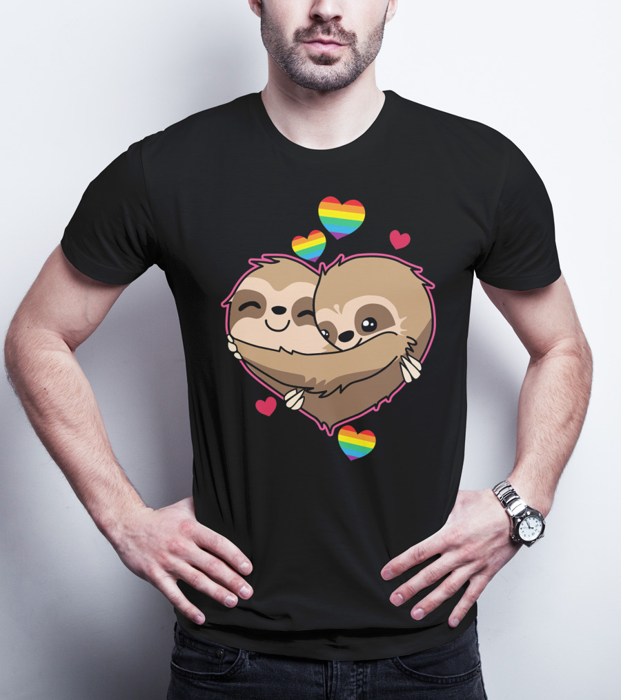 Valentines Day Sloth Heart With Rainbow Hearts T-Shirt
