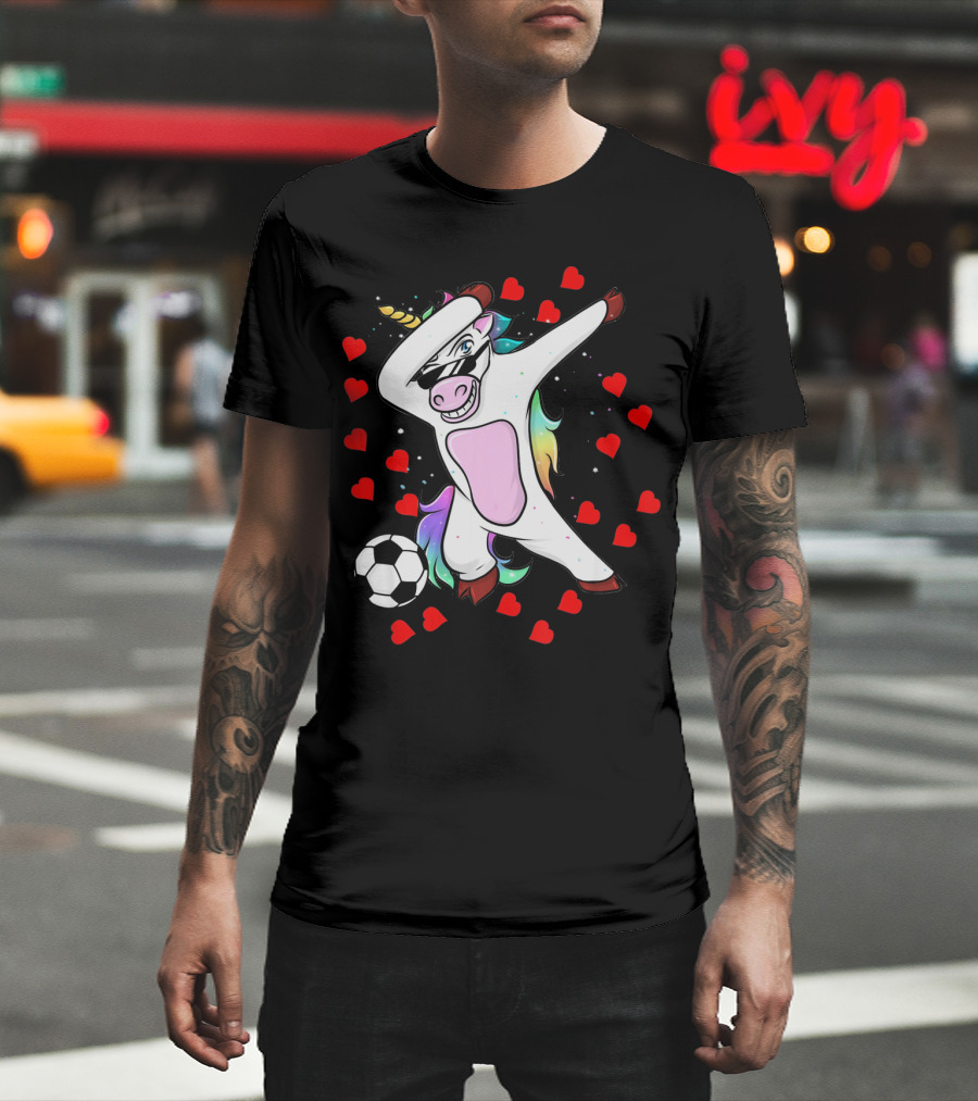 Soccer Is My Valentine Unicorn Dabbing Surrounded By Hearts T-Shirt