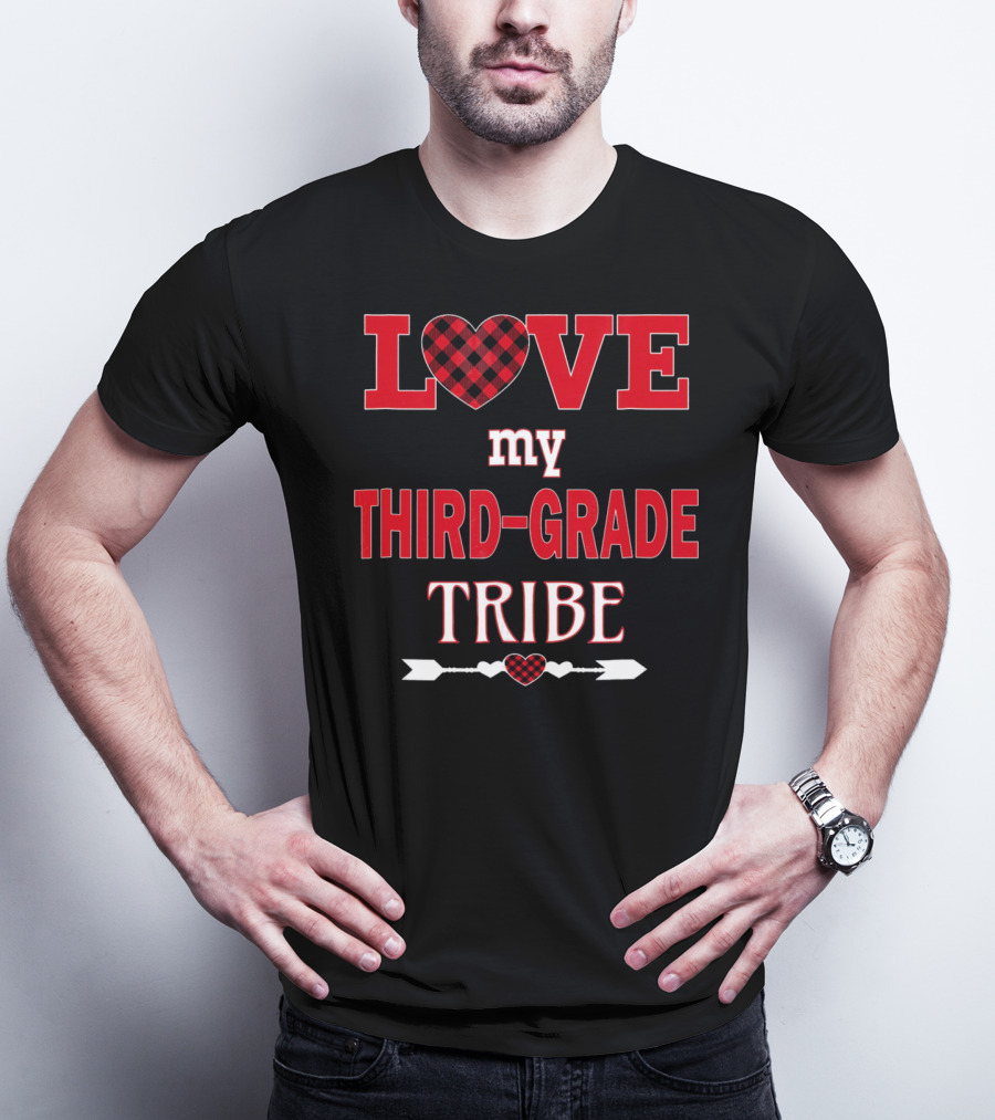 Love My Third-Grade Tribe Buffalo Plaid Heart Arrow T-Shirt