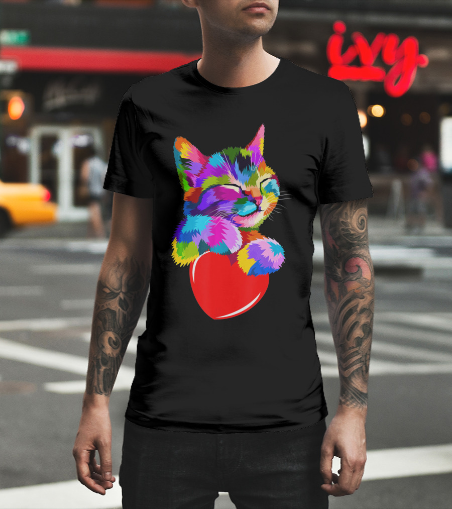 This Valentines My Cat Holds My Heart Colorful Kitten With Red Heart T-Shirt