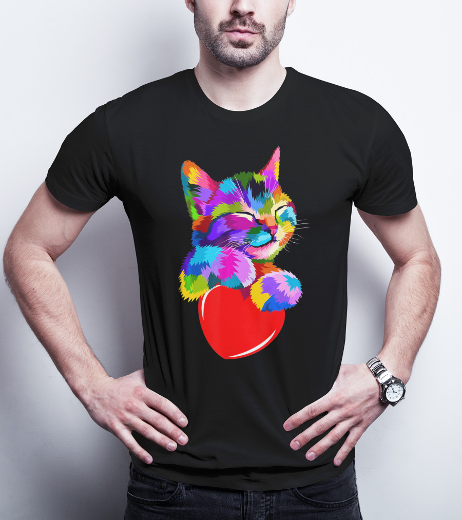 This Valentines My Cat Holds My Heart Colorful Kitten With Red Heart T-Shirt