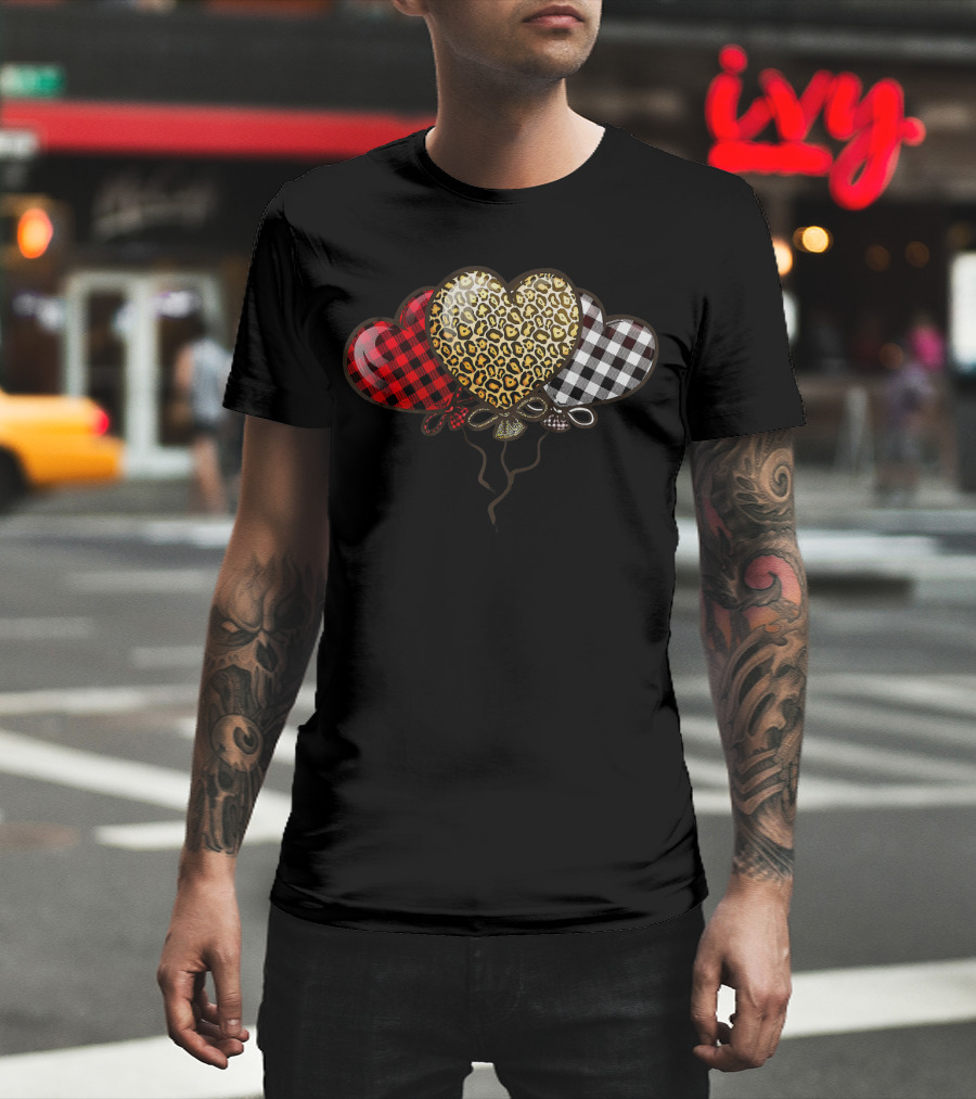 Three Balloons Hearts Buffalo Plaid Leopard T-Shirt